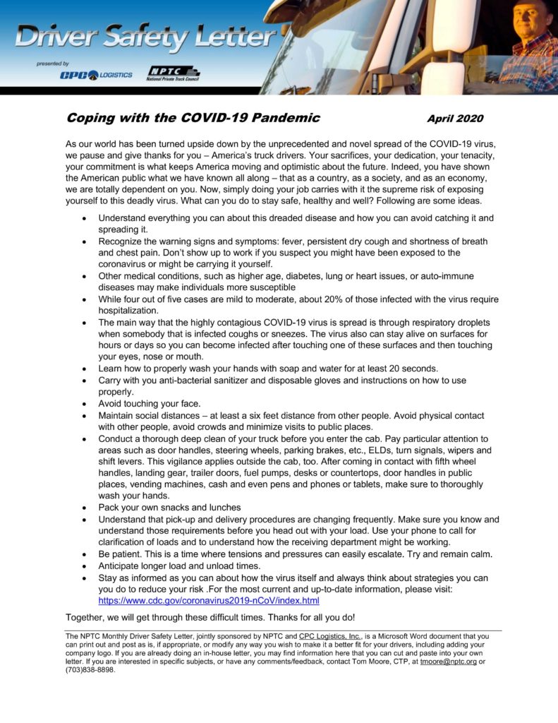 Driver Safety Letters – National Private Truck Council